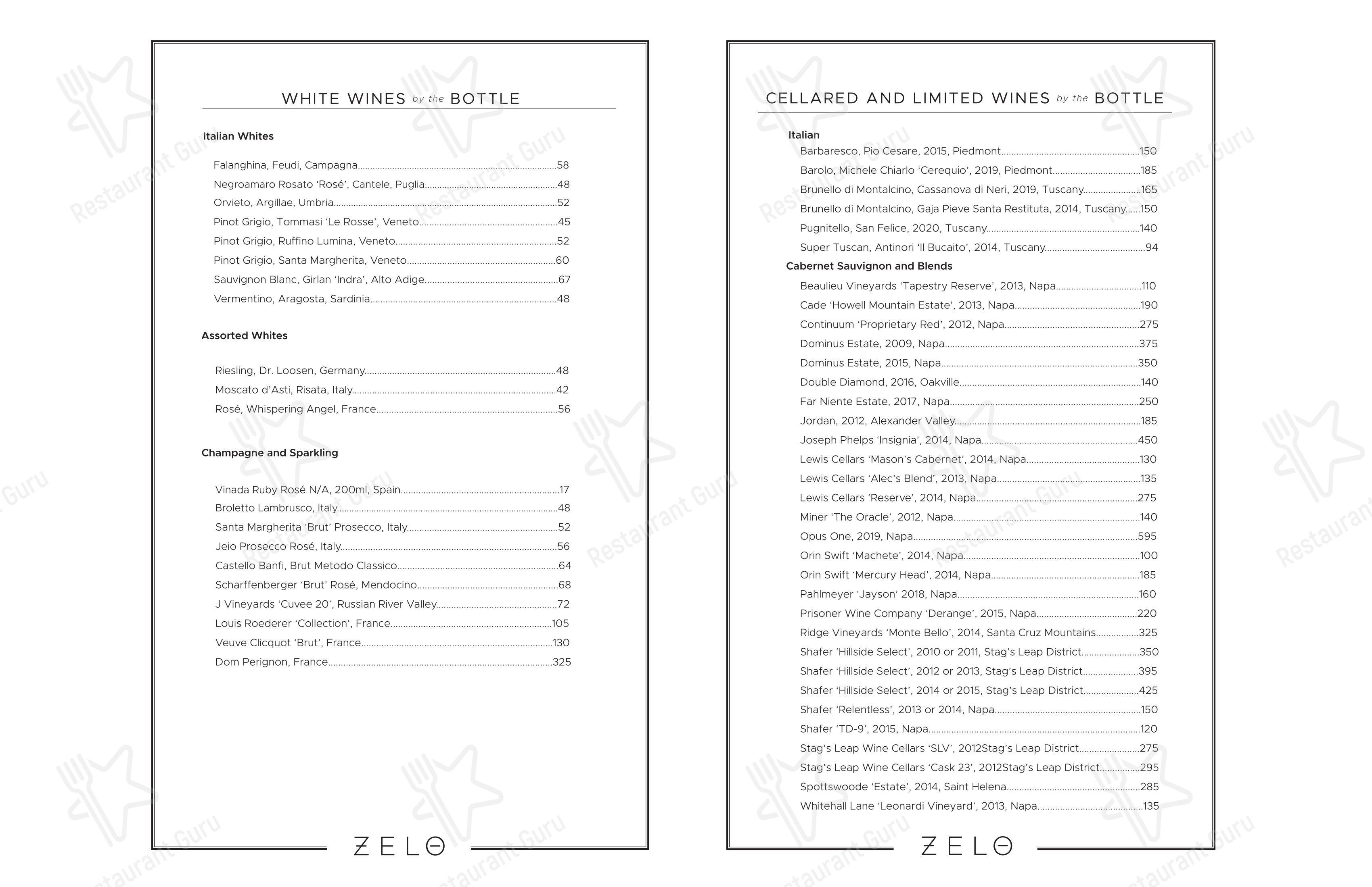 Menu at Zelo restaurant, Minneapolis