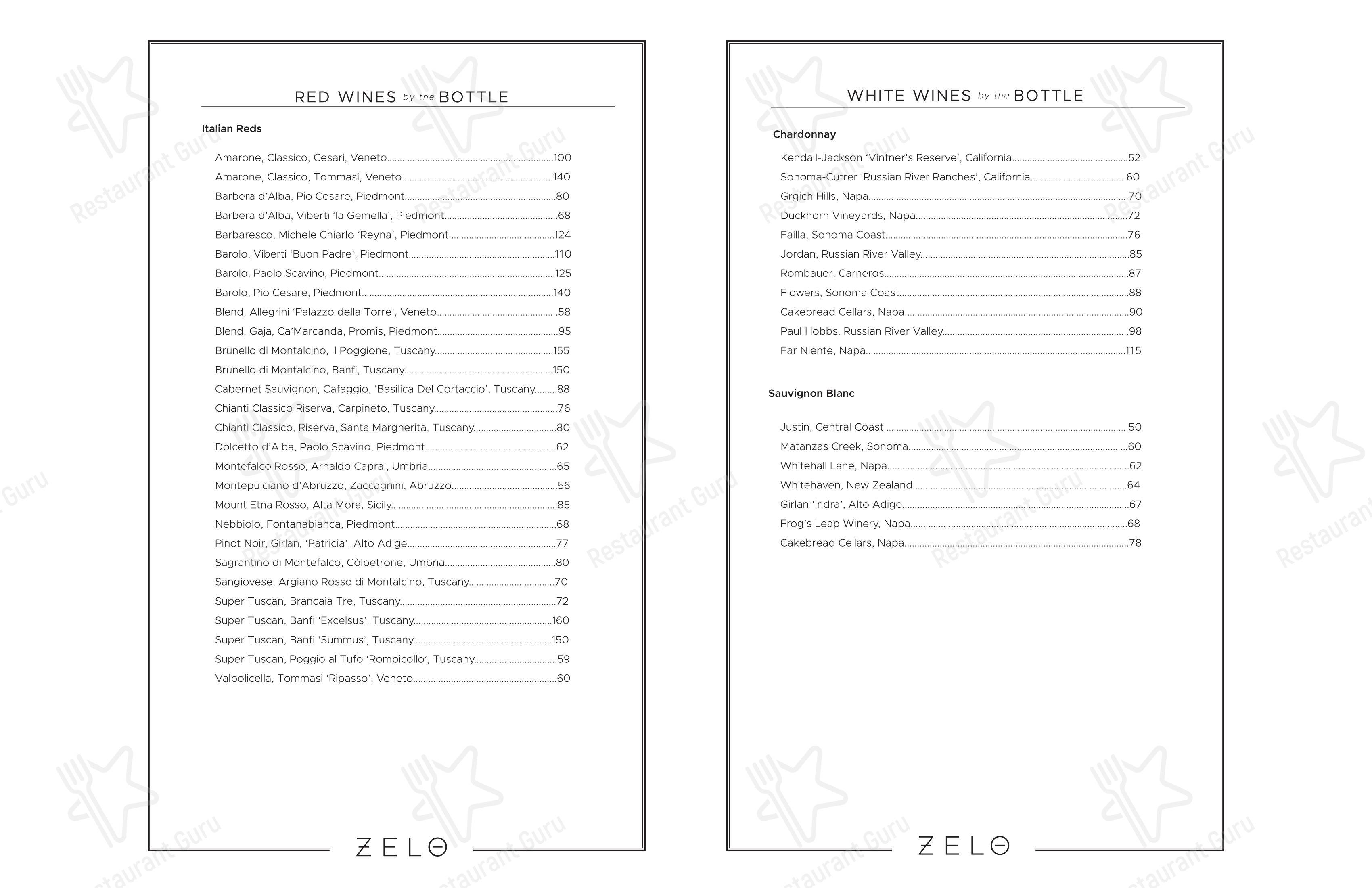 Menu at Zelo restaurant, Minneapolis