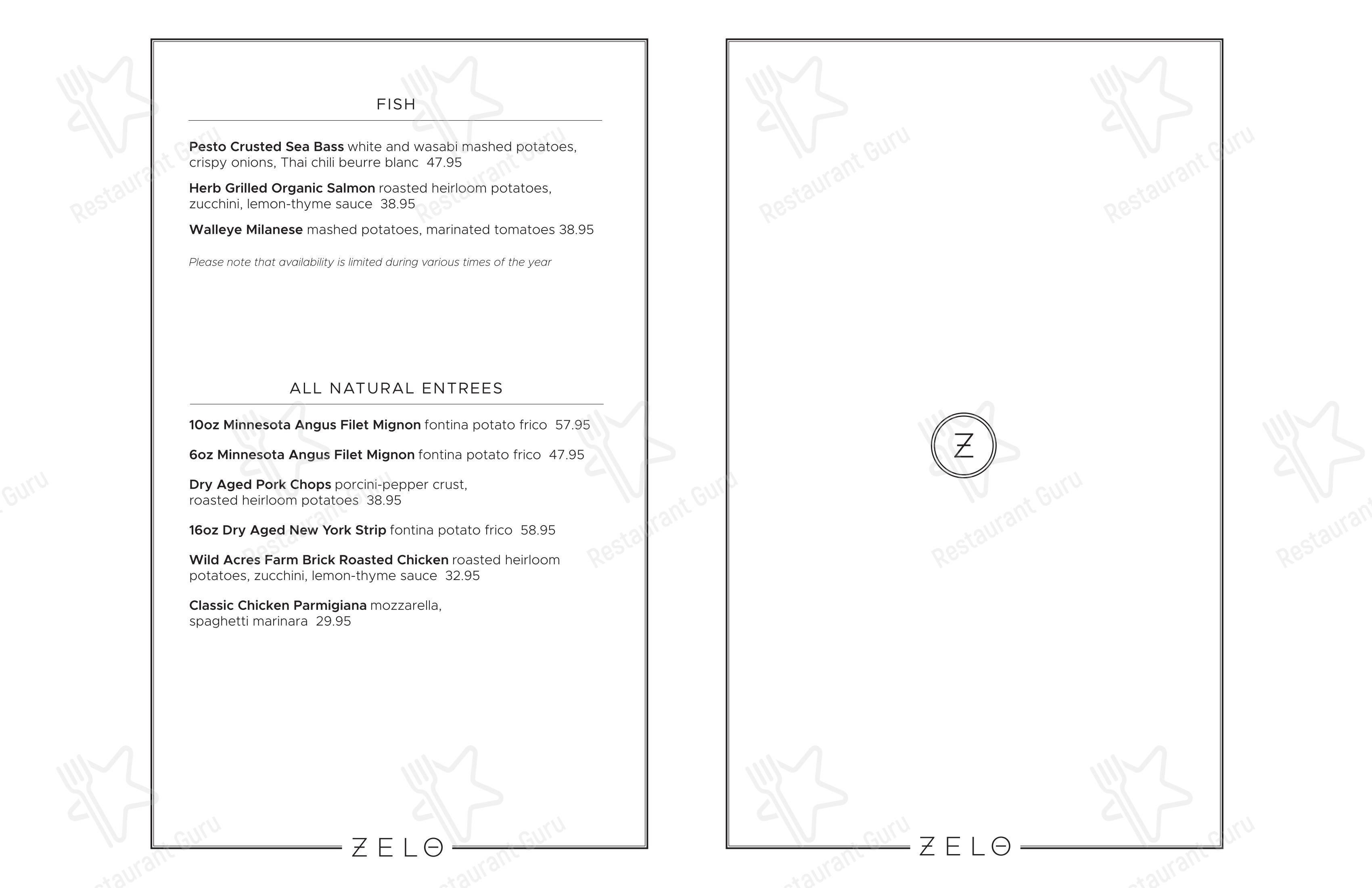 Menu at Zelo restaurant, Minneapolis