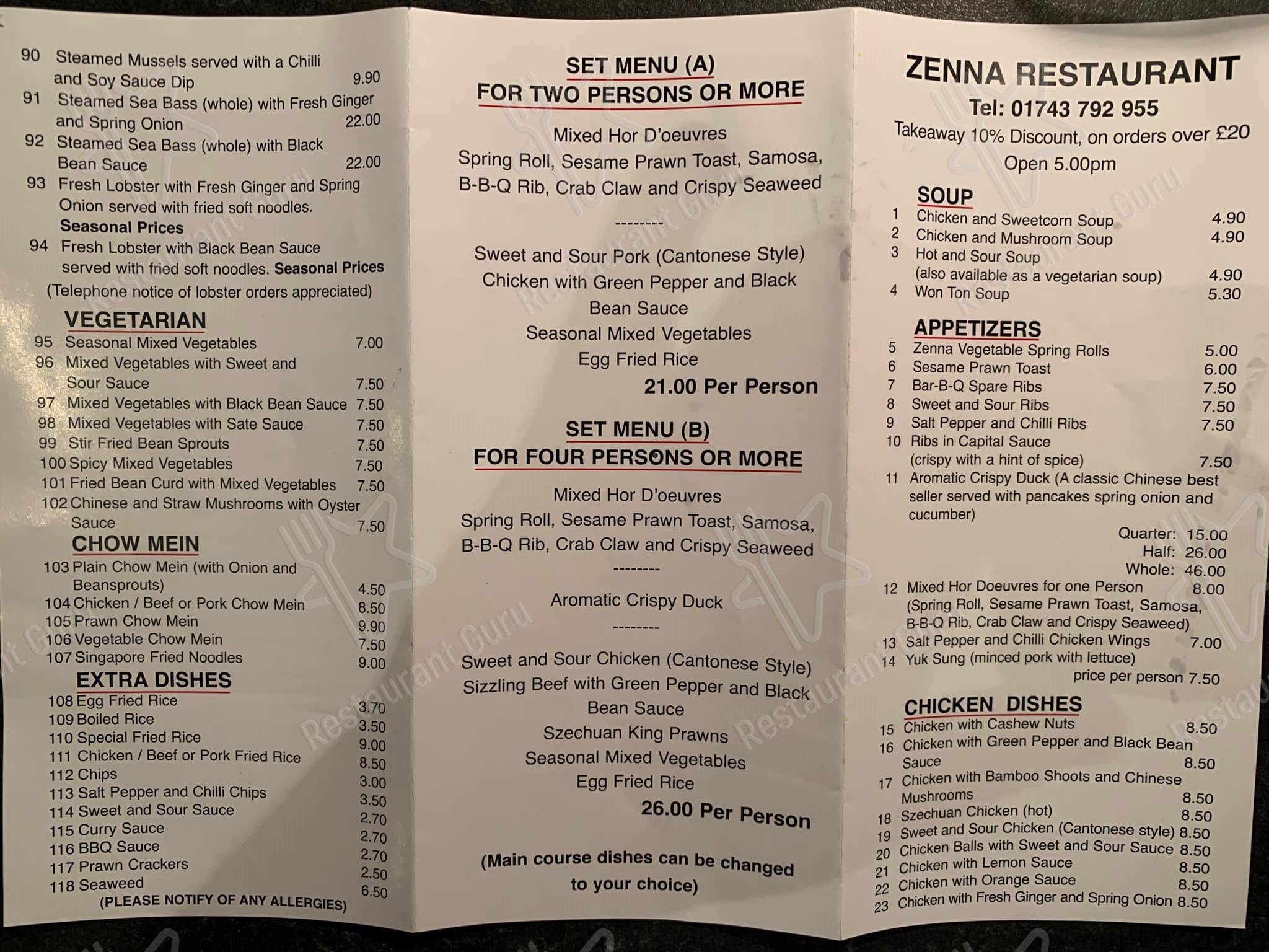 Menu at Zenna restaurant, Pontesbury