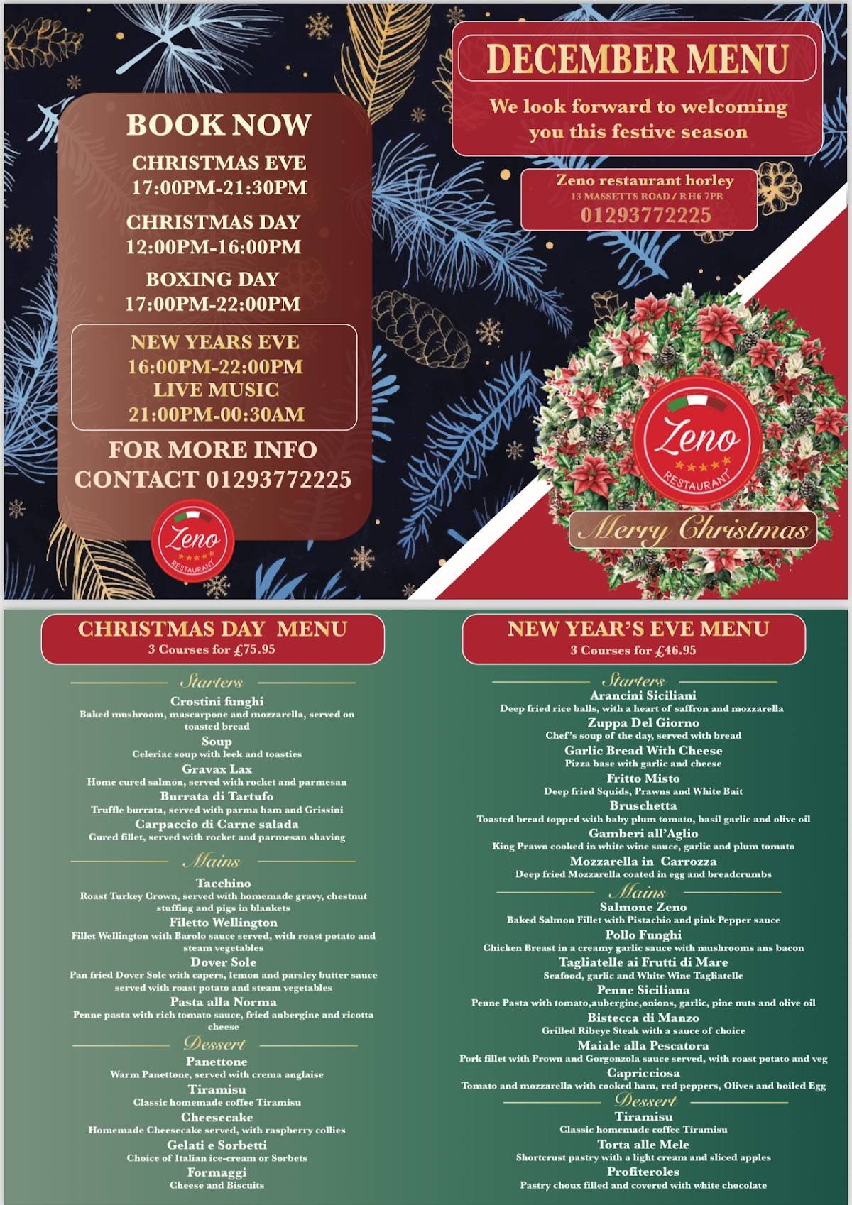 Menu at Zeno italian restaurant, Horley