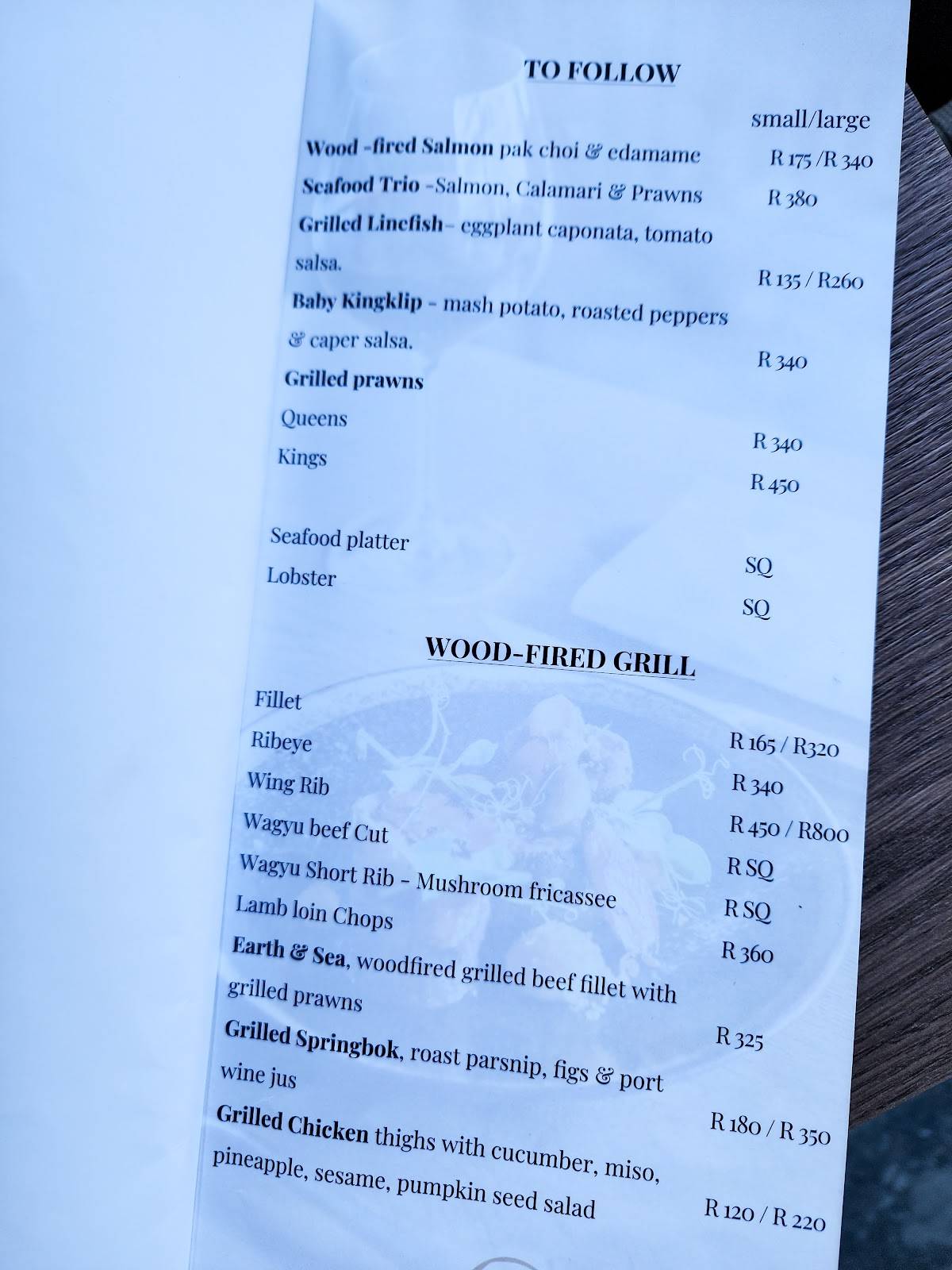 Menu at Zest Restaurant, Cape Town, Piazza Da Luz