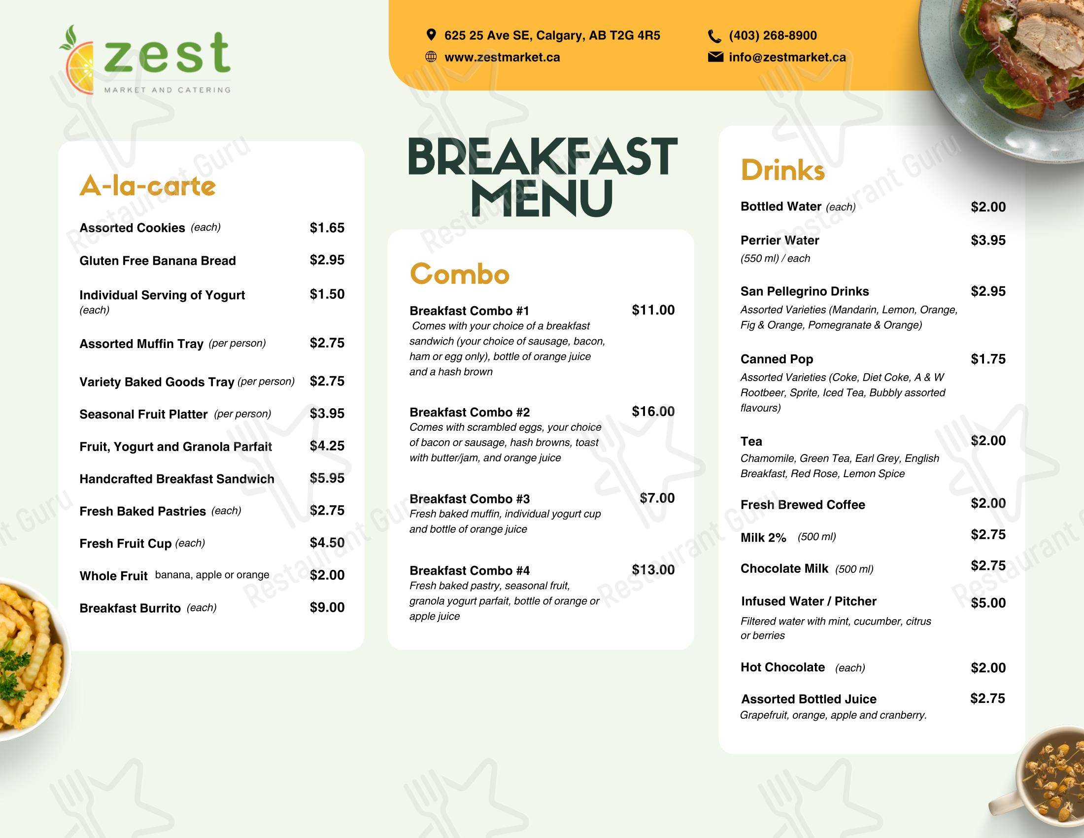 Menu at Zest restaurant, Calgary