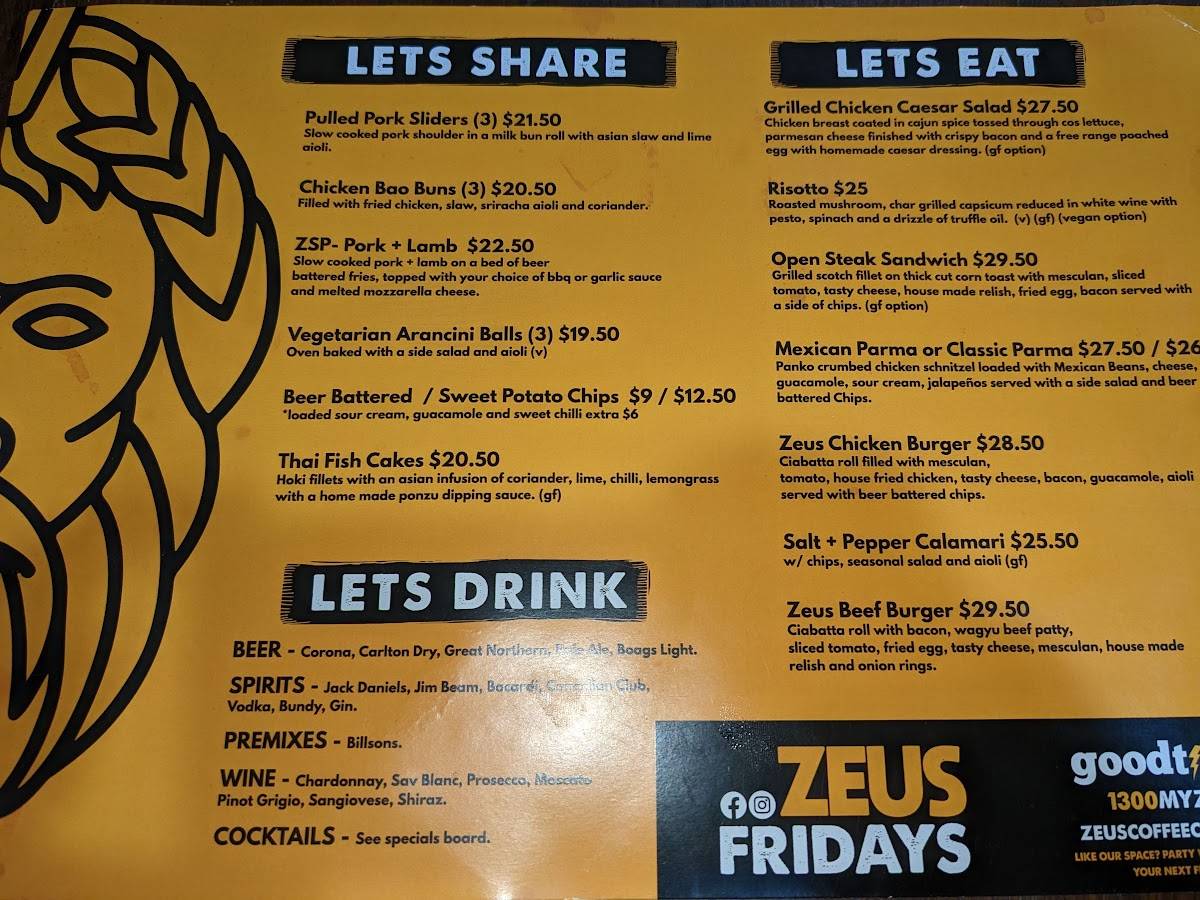 Menu at Zeus Coffee Co. cafe, Benalla