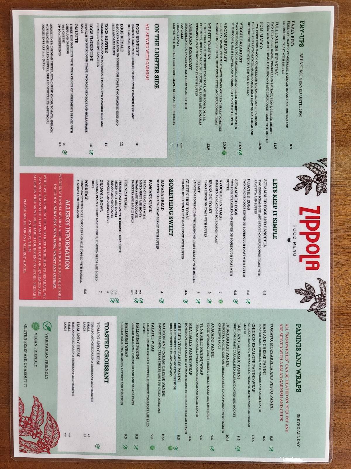Menu at Zippola cafe, Enfield