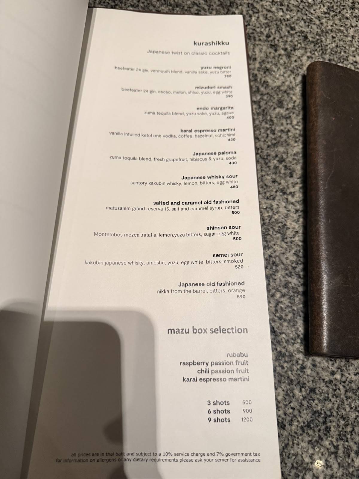 Menu at Zuma Bangkok restaurant, Bangkok
