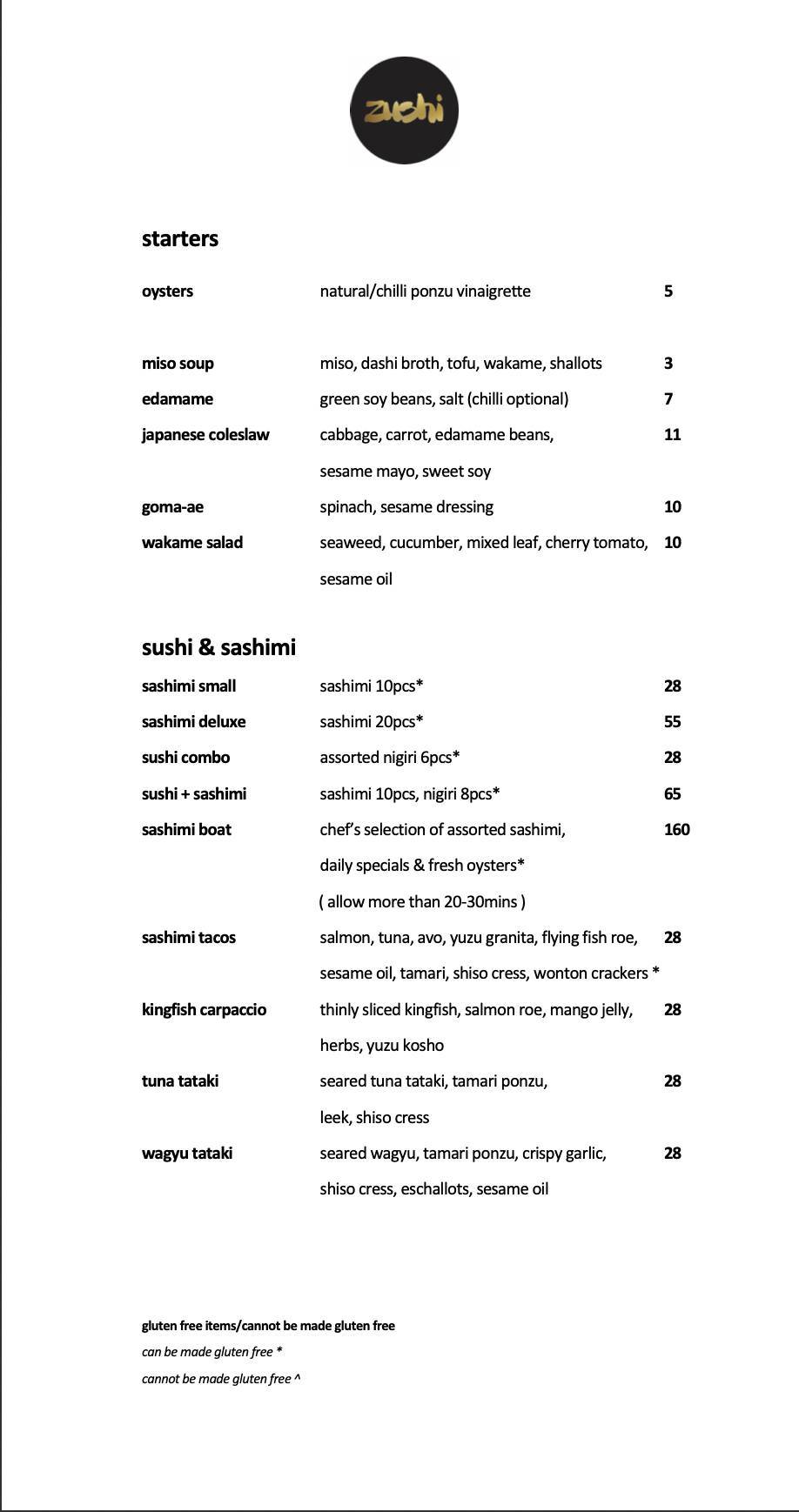 Menu at Zushi restaurant, Barangaroo, Barangaroo Alexander Shop 10 33 ...