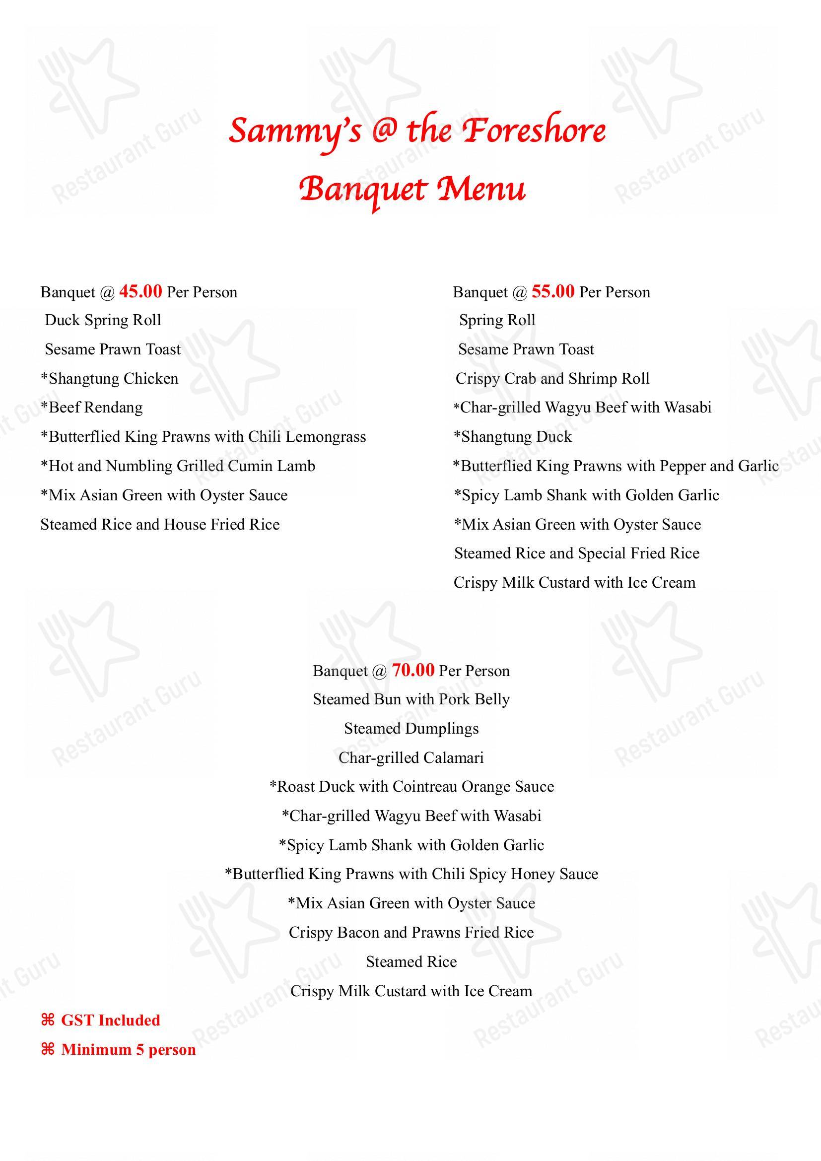 Menu at Sammy's@Foreshore restaurant, Kingston