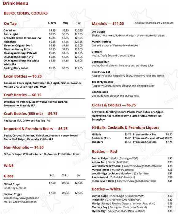 Menu at Admiral Pub, Burnaby