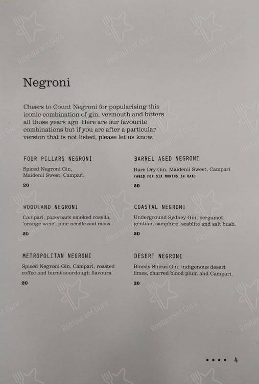 Menu at Four Pillars Gin Distillery pub & bar, Healesville