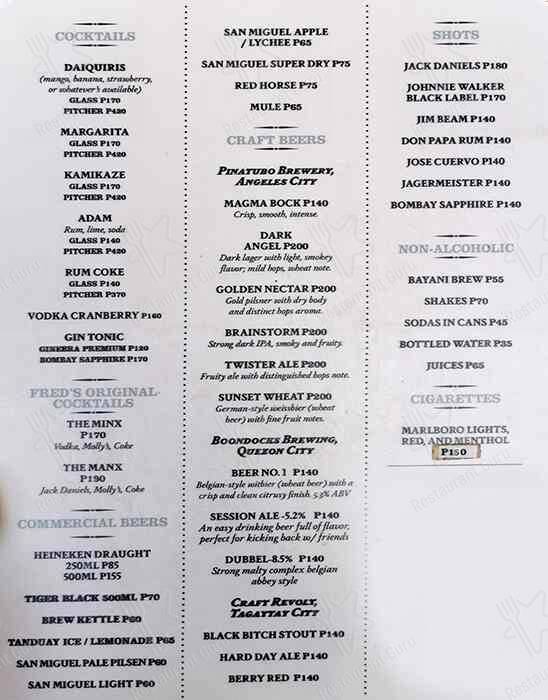 Menu at Fred's Revolucion Cubao X pub & bar, Quezon City, Shop 66 Cubao ...