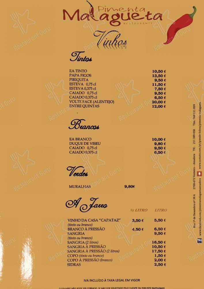 Menu em Pimenta e Malagueta restaurante, Amadora