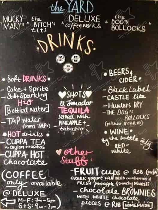Menu at The Dog's Bollocks at YARD restaurant, Cape Town