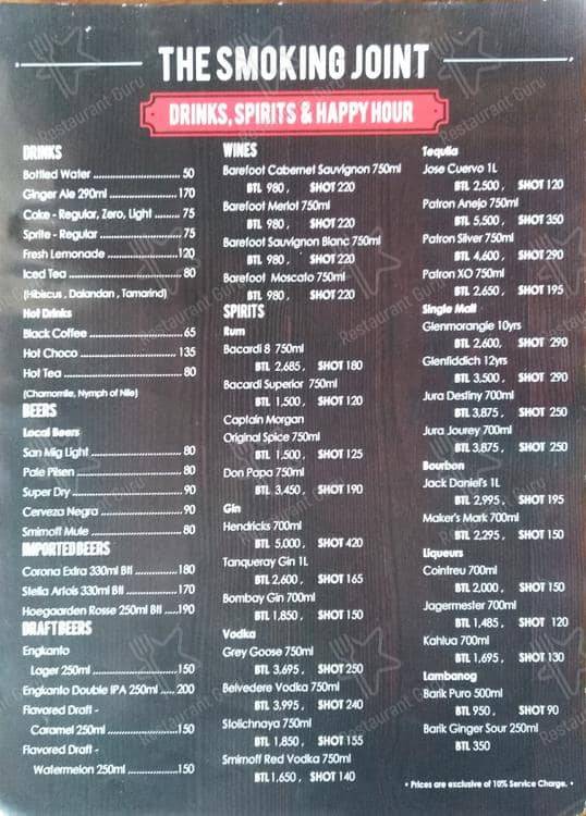 Menu at The Smoking Joint restaurant, Makati