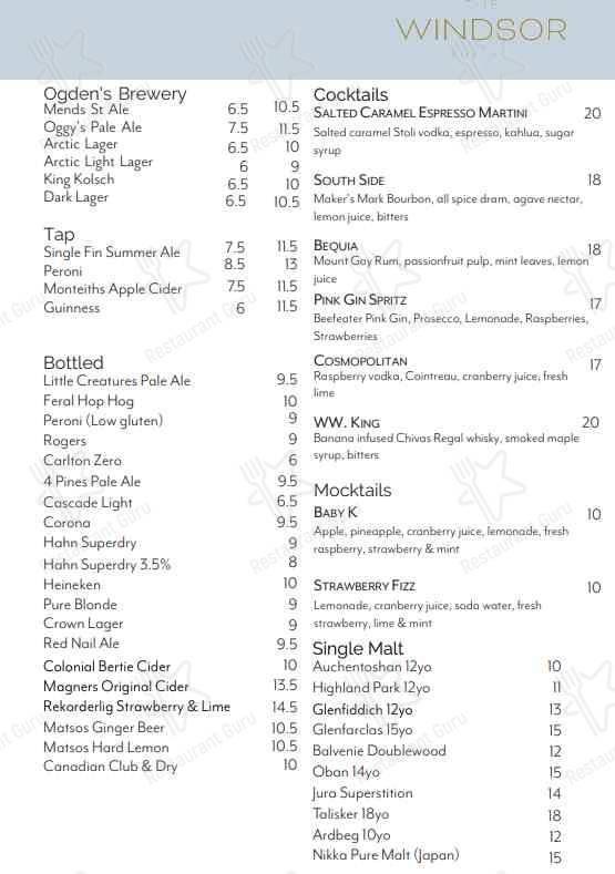 Menu at The Windsor Hotel restaurant, South Perth