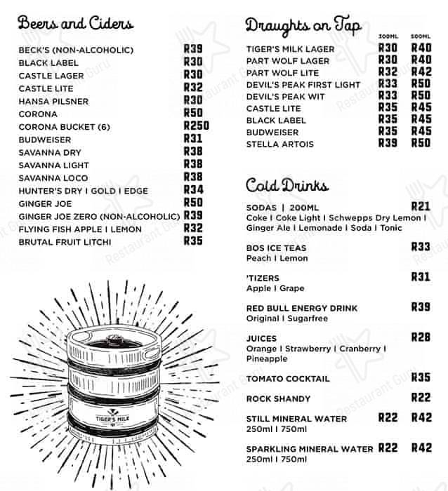 Menu at Tiger's Milk Claremont restaurant, Cape Town, 21 Dreyer St