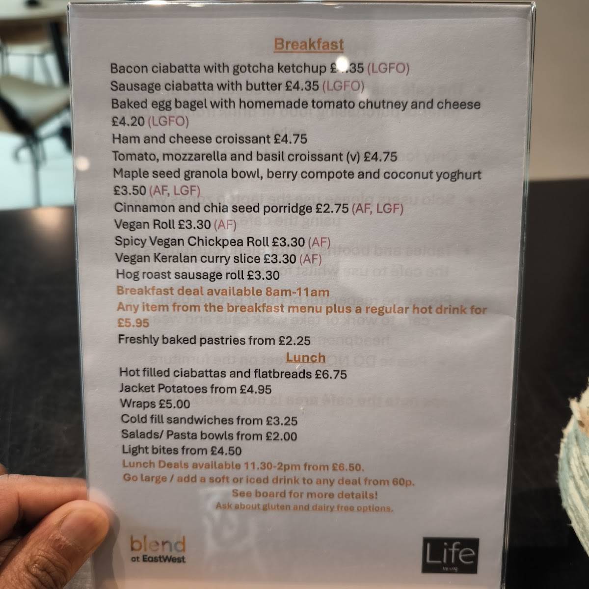 Menu at blend (East West Coffee Shop), Nottingham