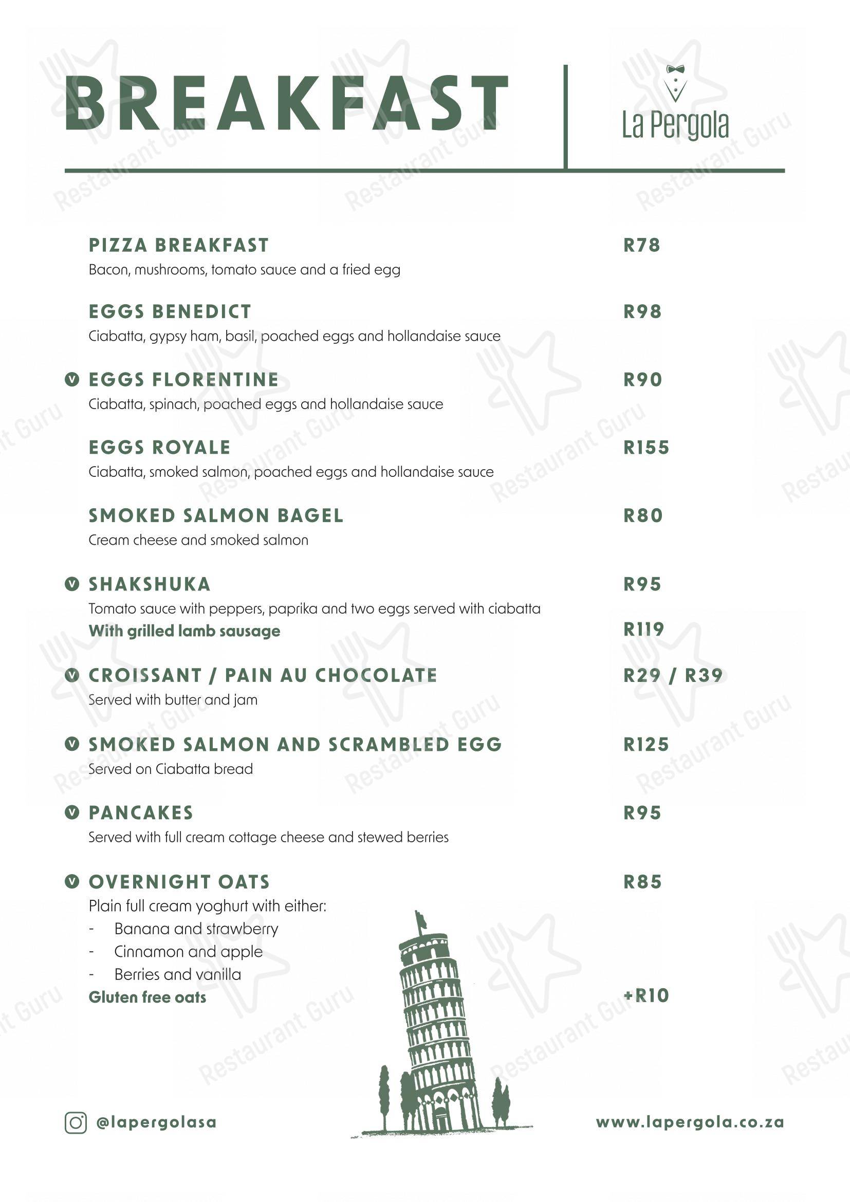Carta del restaurante La Pergola, Johannesburgo