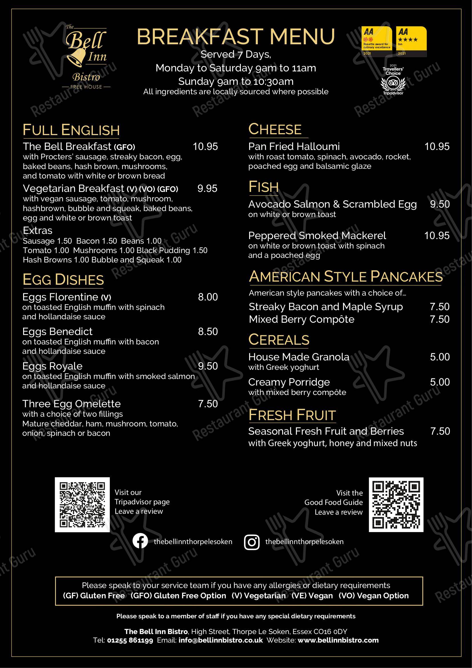 Menu at The Bell Inn Bistro, Thorpe-le-Soken pub & bar, Clacton-on-Sea