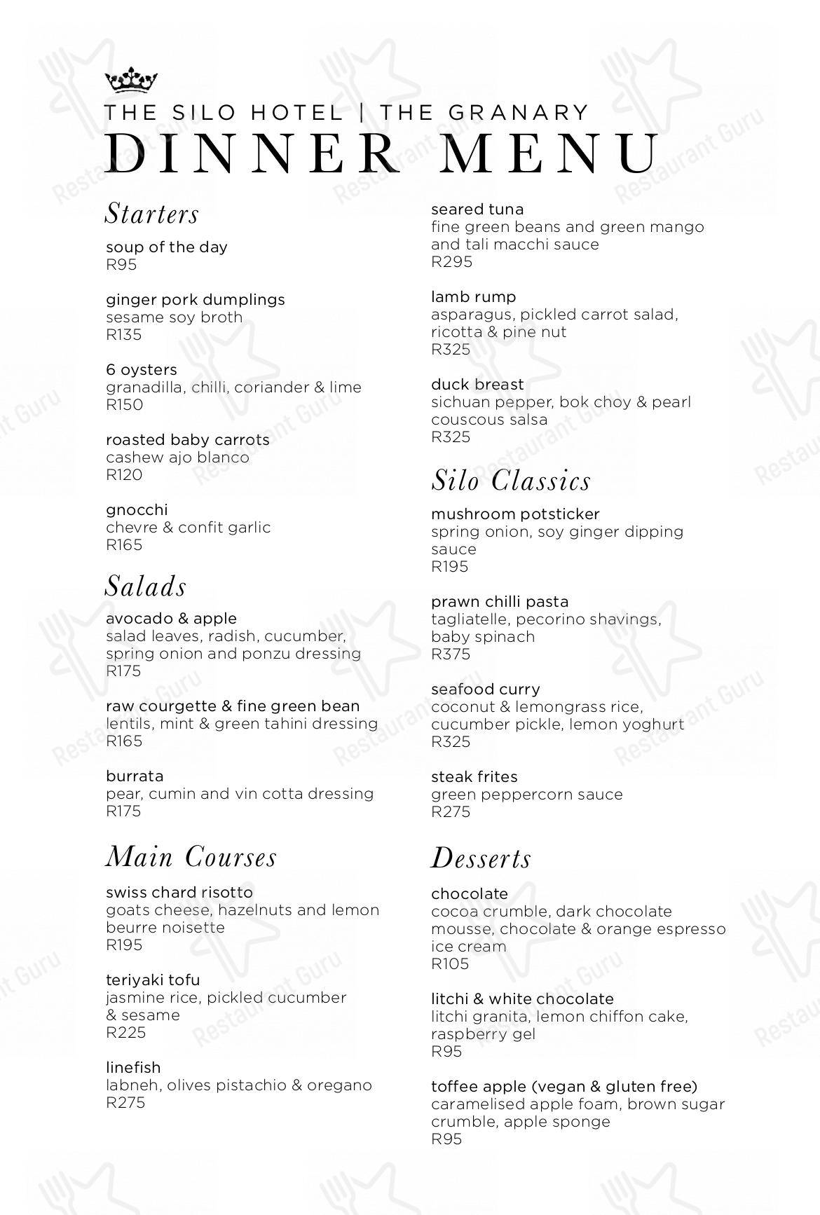 Menu at The Granary Cafe, Cape Town, Silo Square