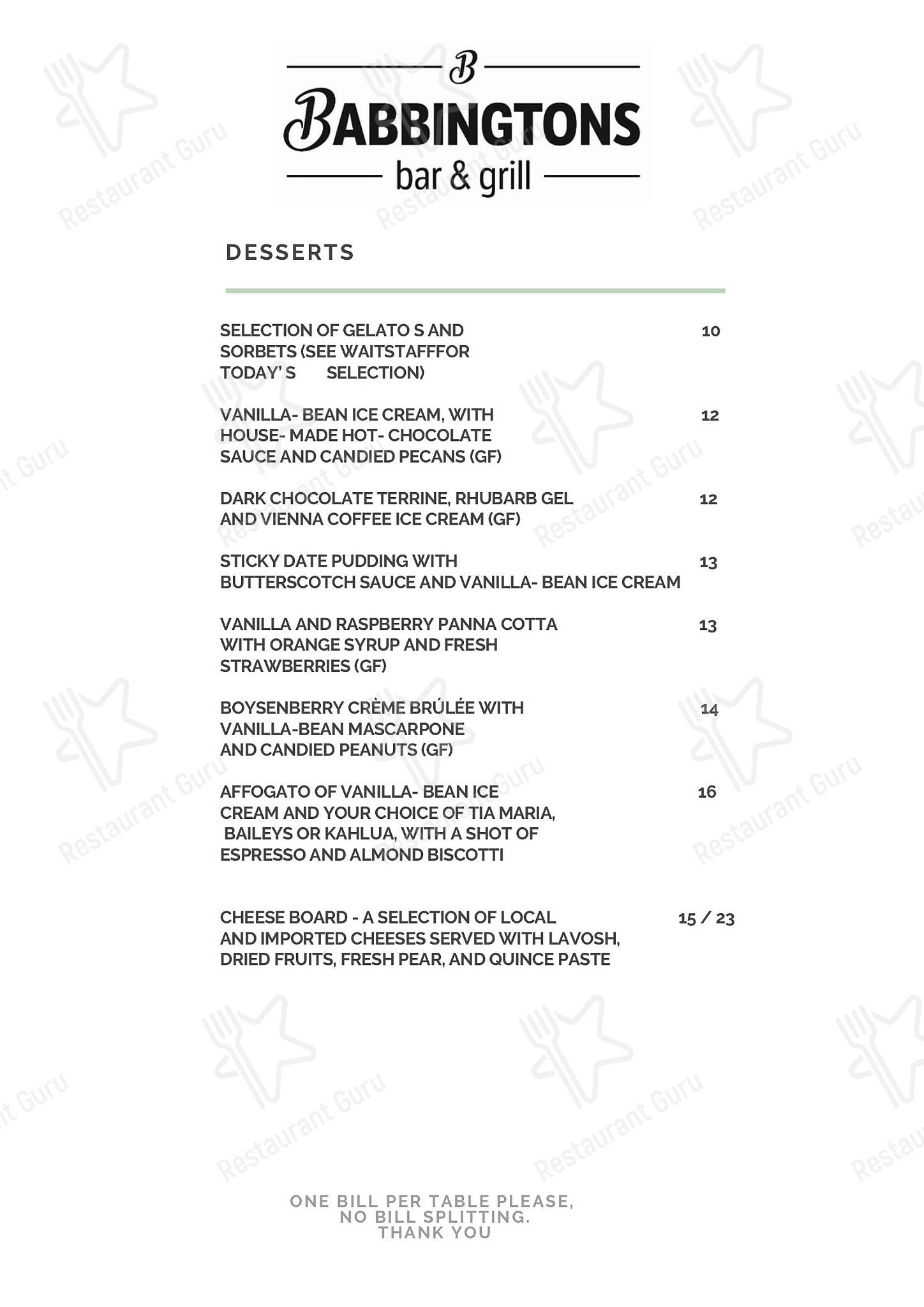 Menu at Babbingtons Restaurant & Bar, Charlestown