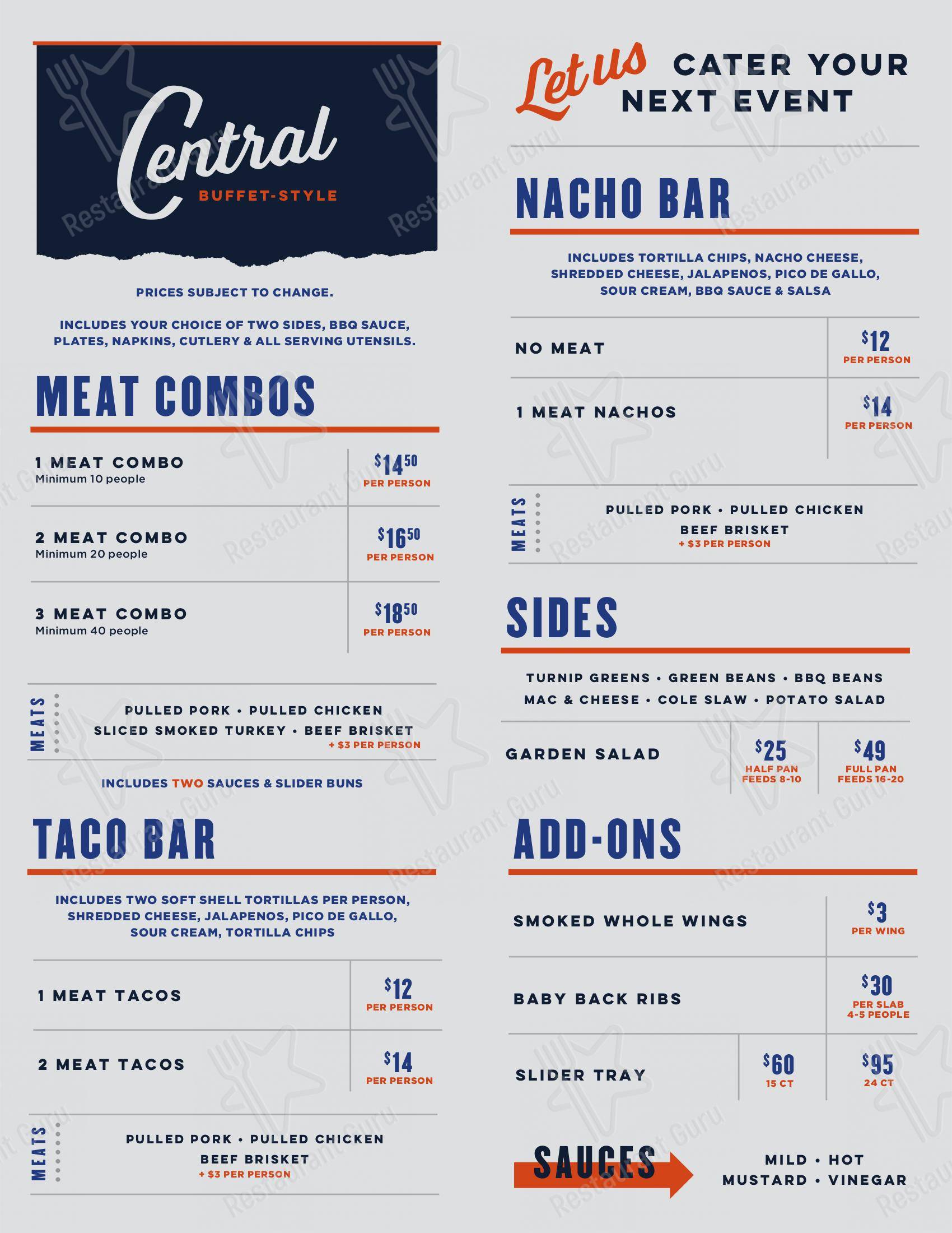 Menu at Central BBQ - Downtown, Memphis, 147 E Butler Ave