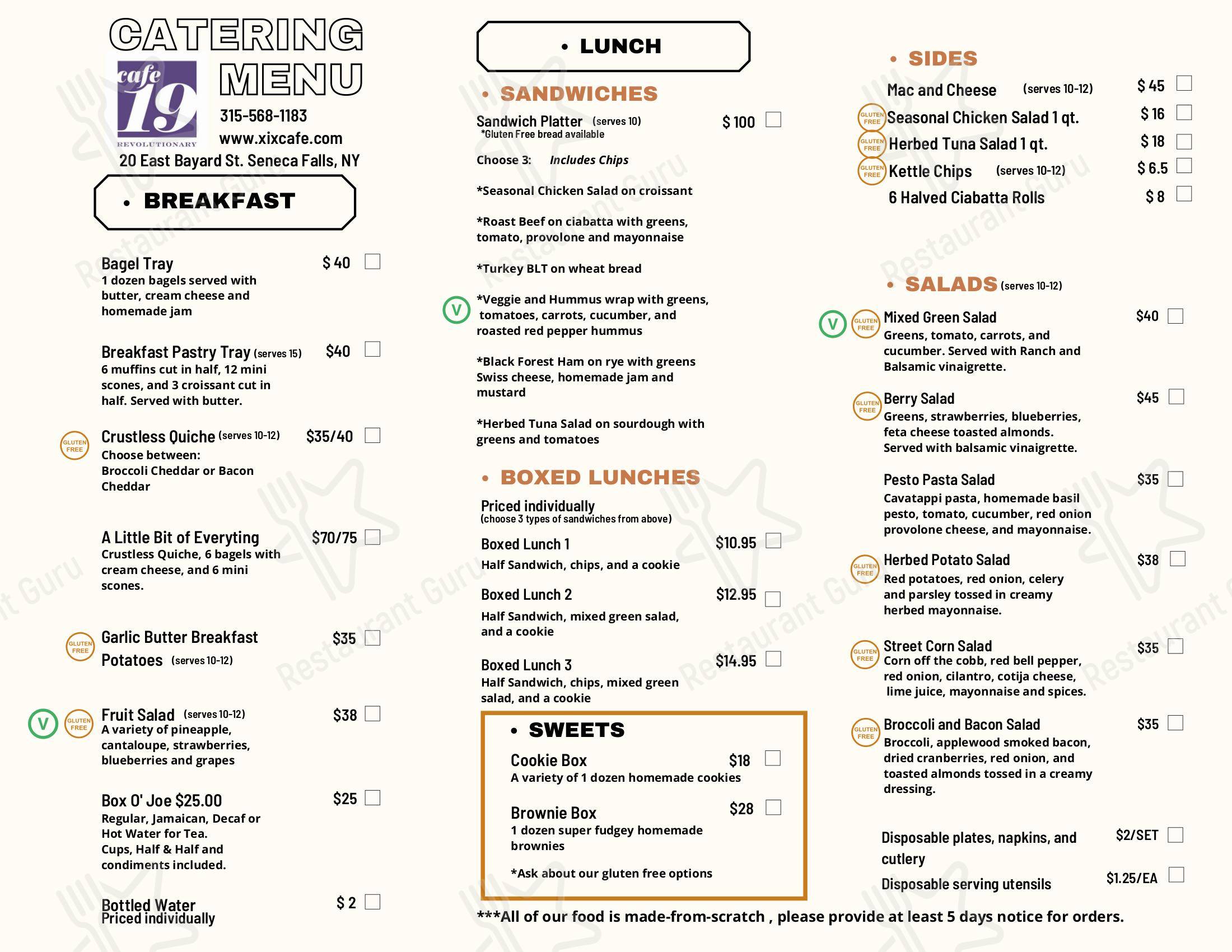 Menu at Cafe 19, Seneca Falls