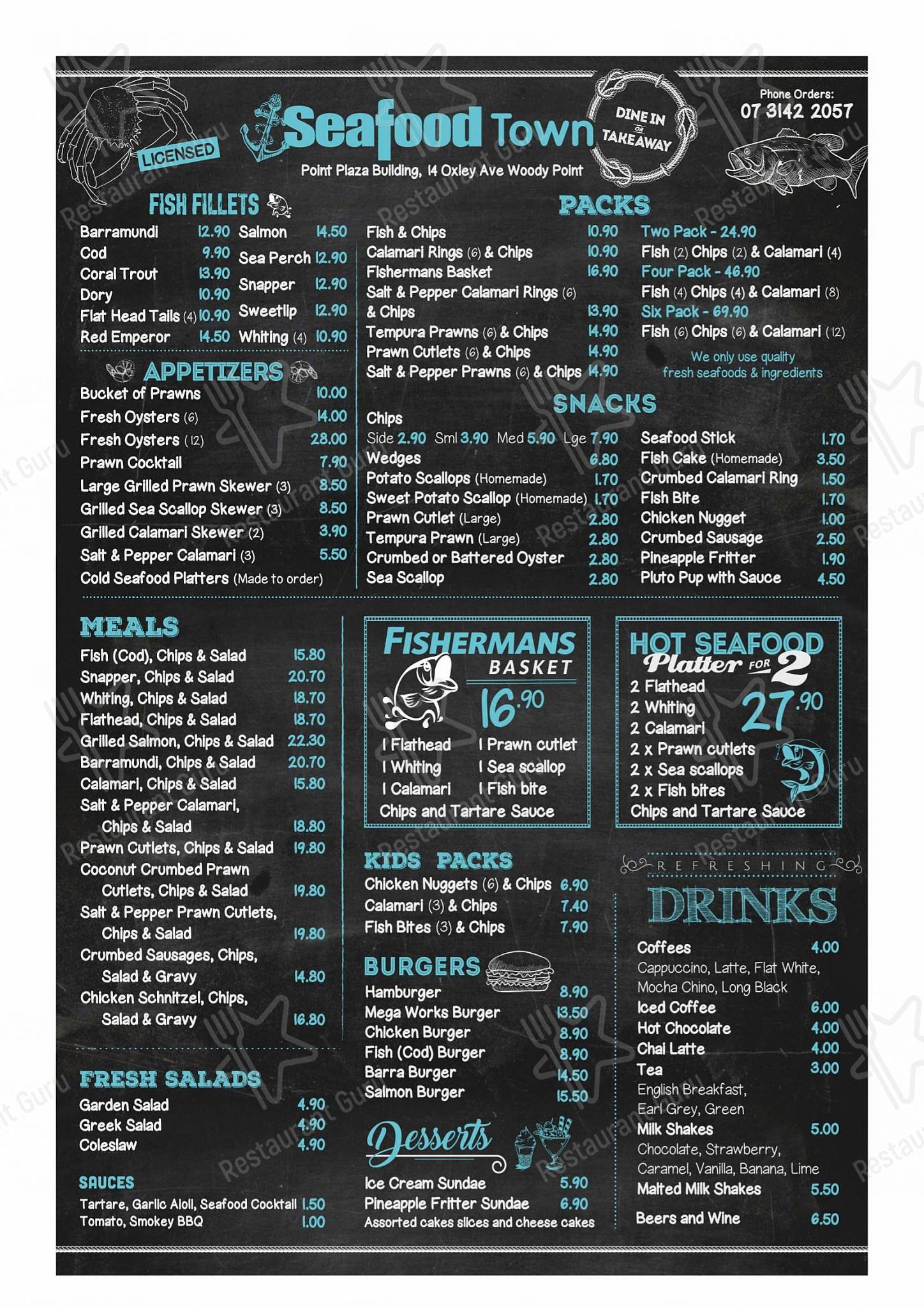 Menu at Seafood Town restaurant, Woody Point, 4/14 Oxley Ave