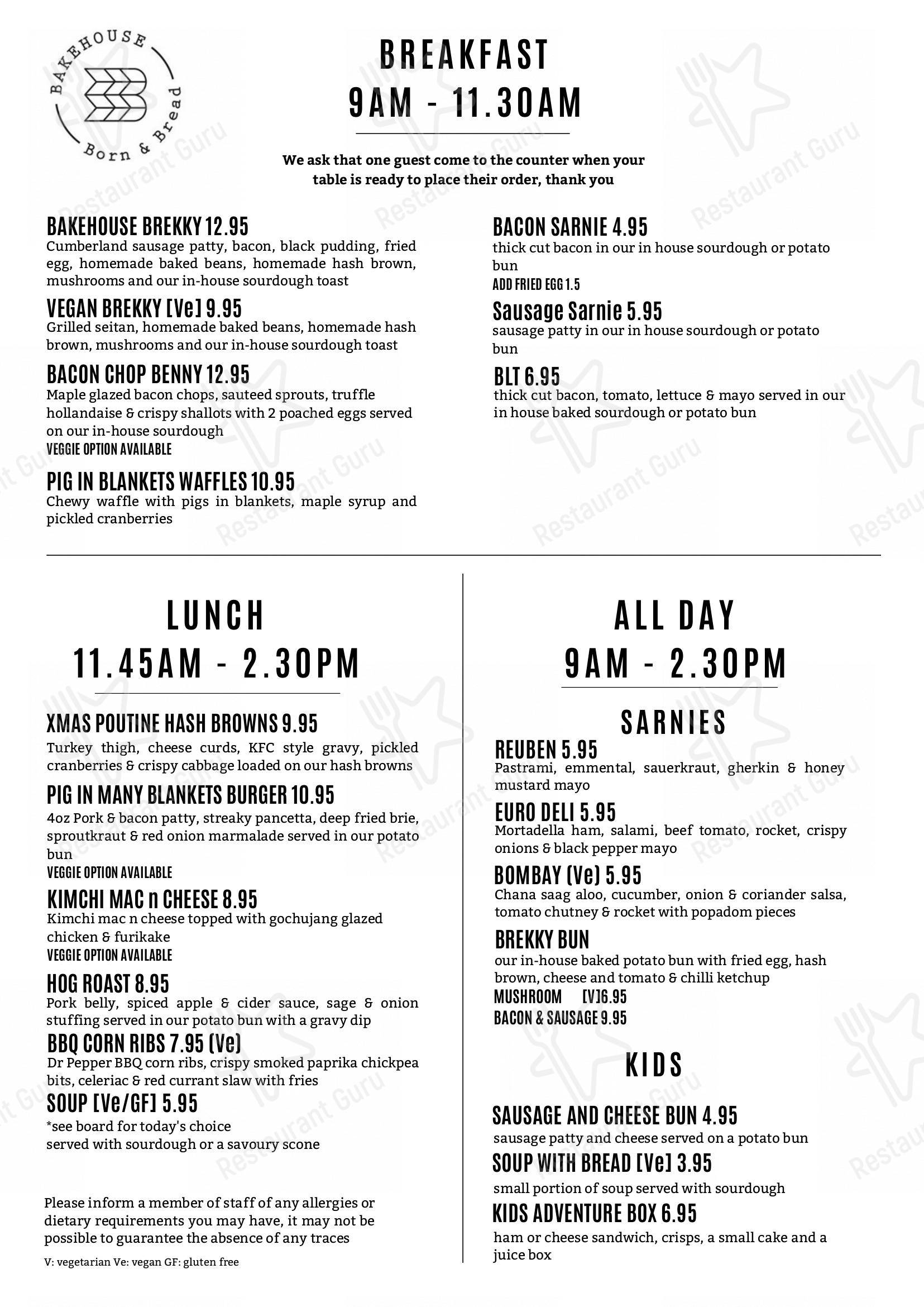 Menu at Bakehouse Born and Bread pub & bar, Ulverston, Unit 3