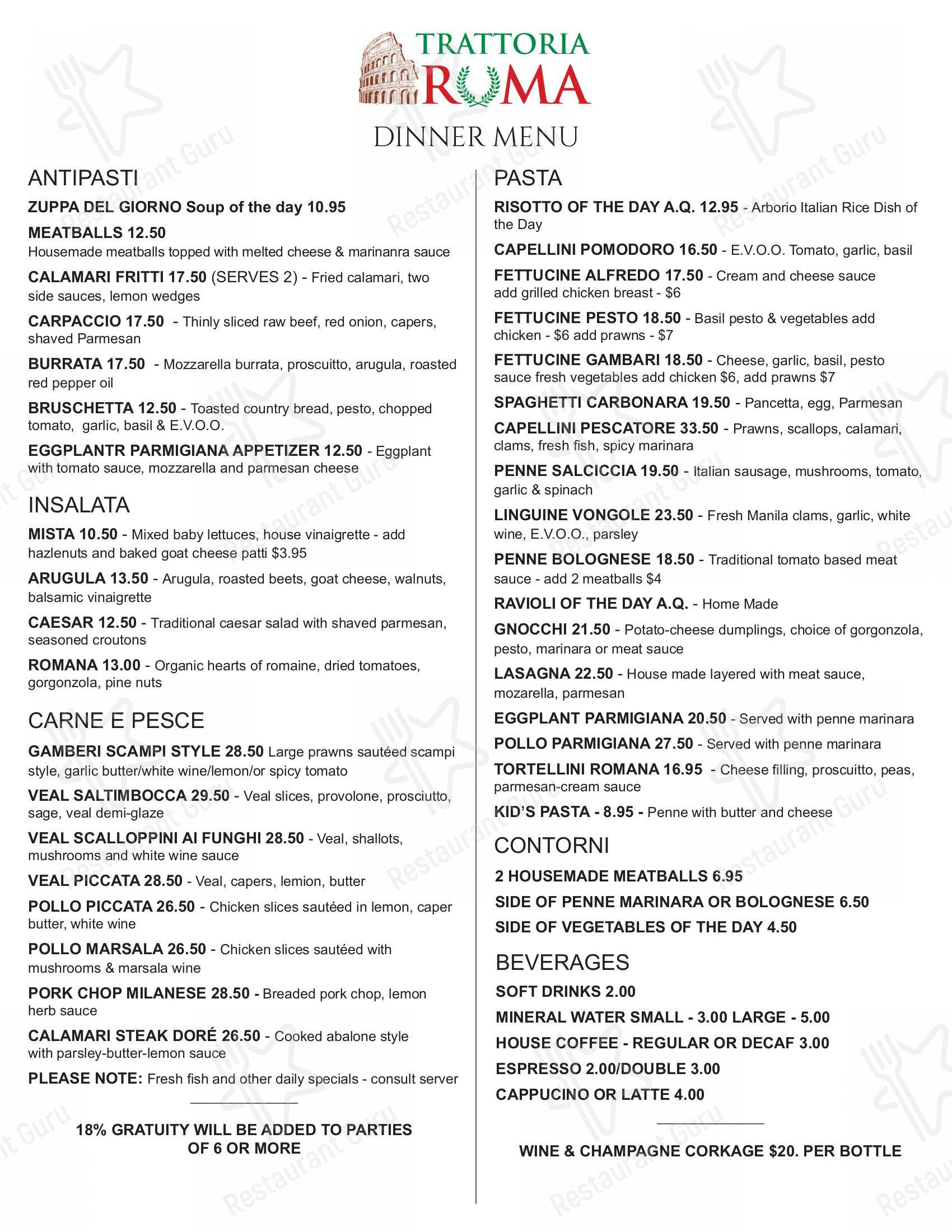 Menu at Trattoria Roma pub & bar, Petaluma