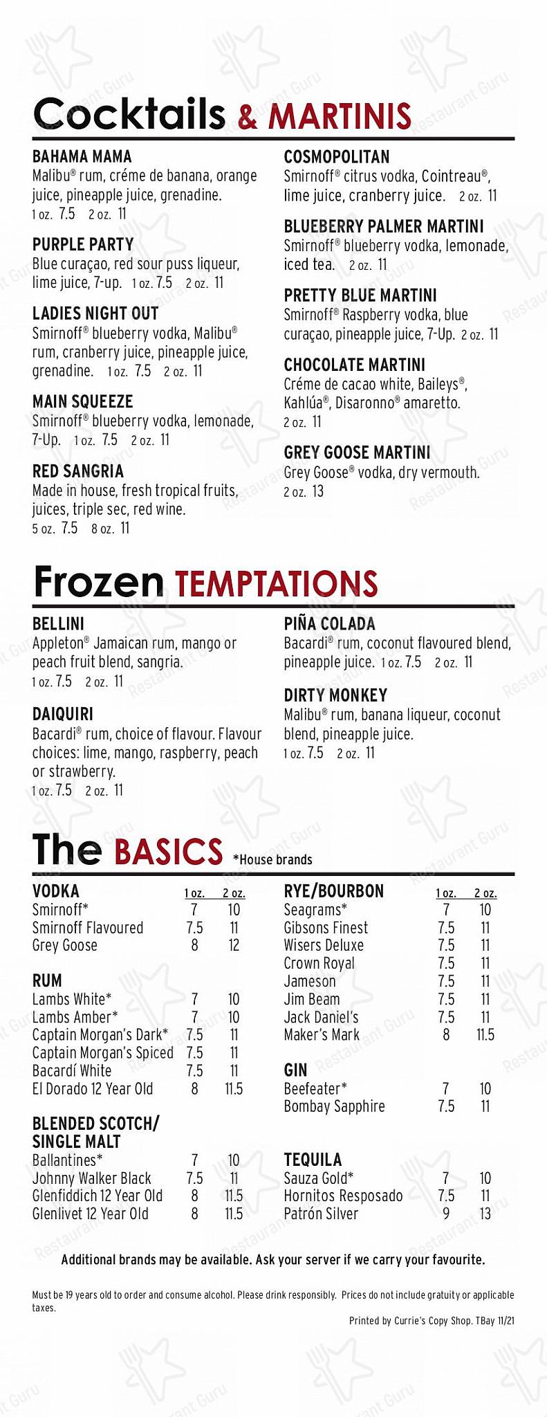 Menu at Tony Roma's steakhouse, Thunder Bay