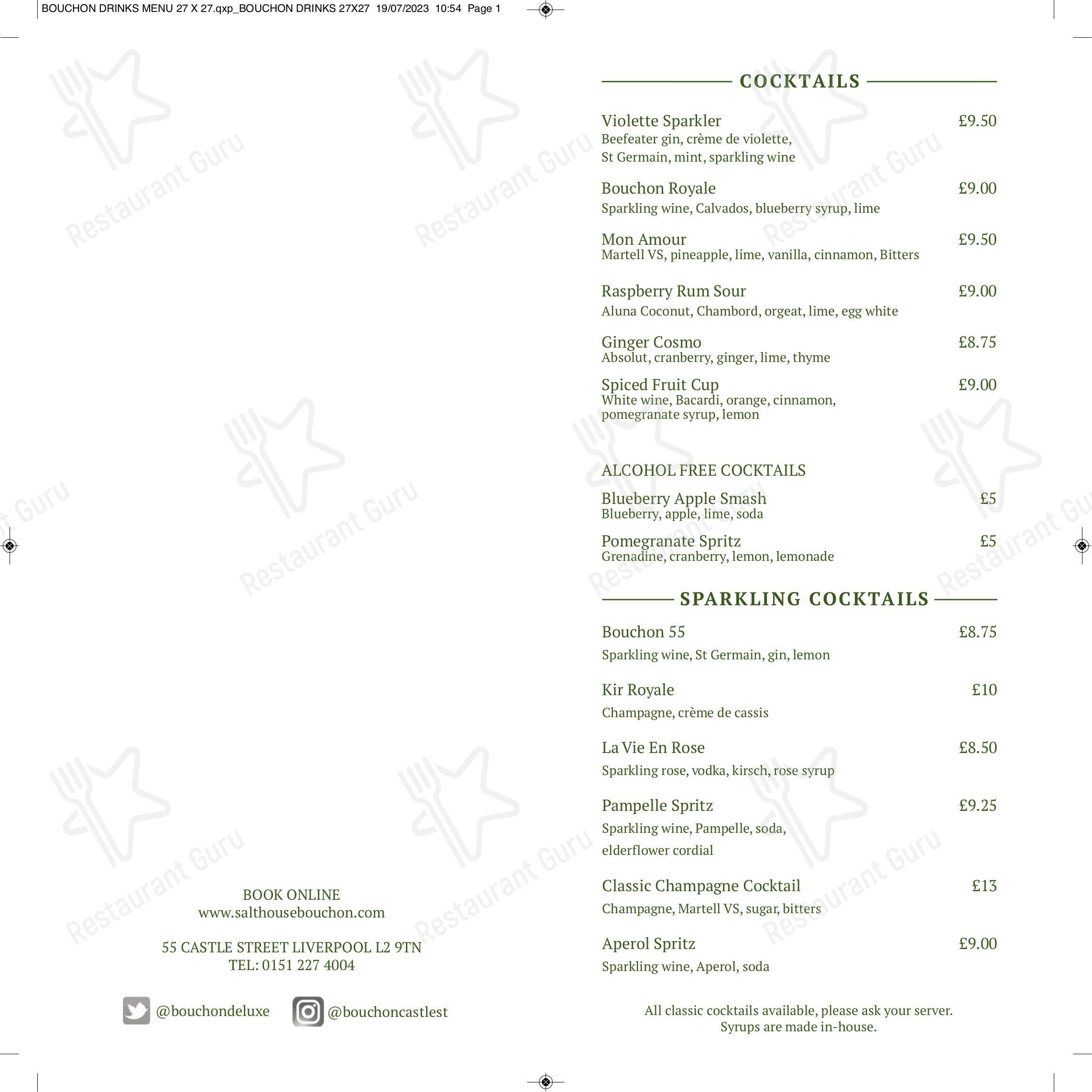Menu at Bouchon restaurant, Liverpool