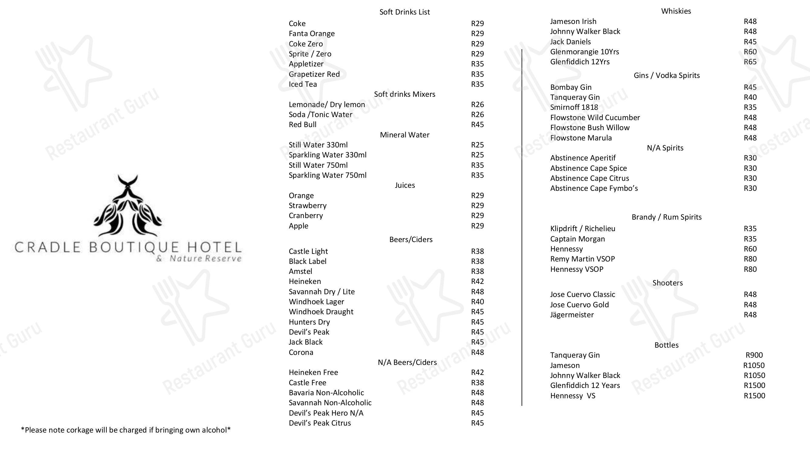 Menu at The Cradle Restaurant at Cradle Boutique Hotel, Krugersdorp