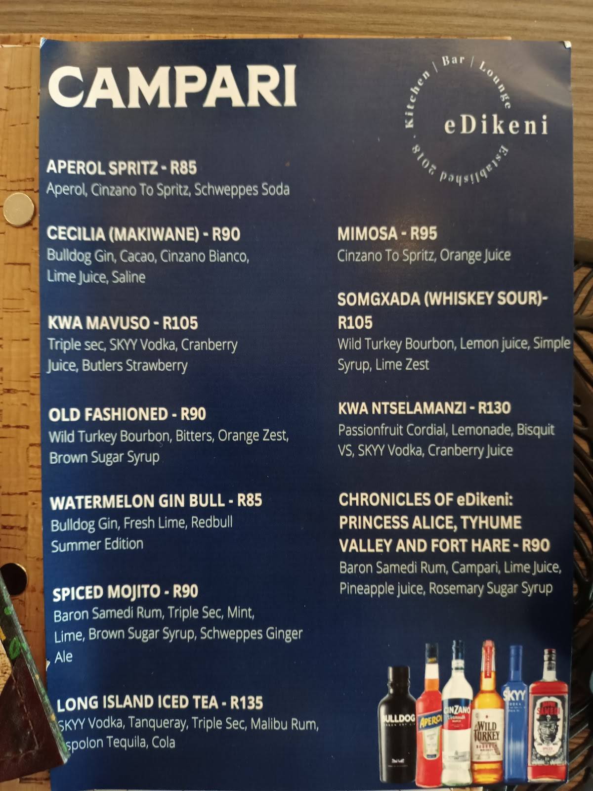 Menu at eDikeni Gqeberha restaurant, South Africa