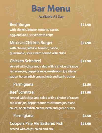 Menu at British Hotel pub & bar, North Adelaide