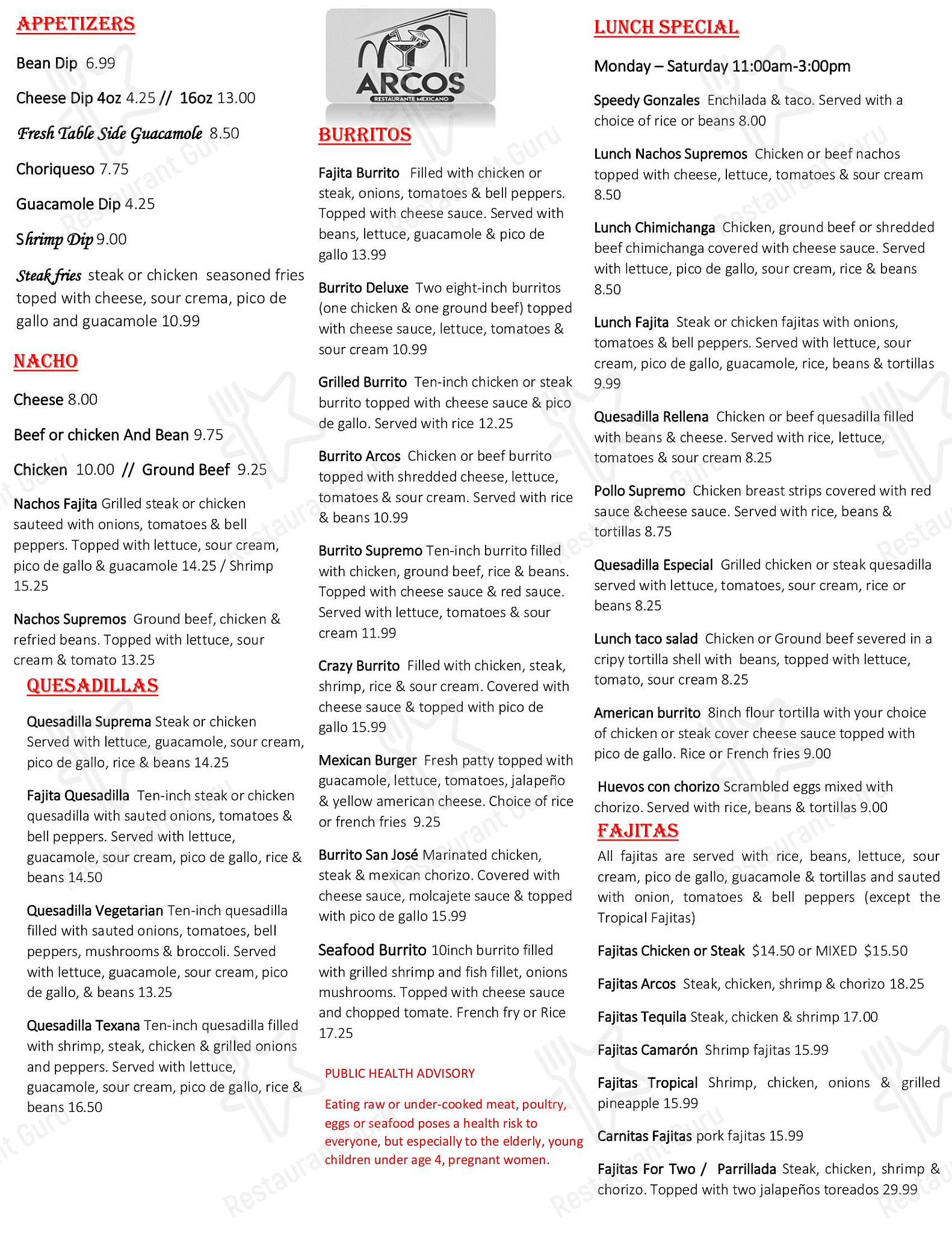 Menu at Arcos Restaurante Mexicano, Fort Wayne