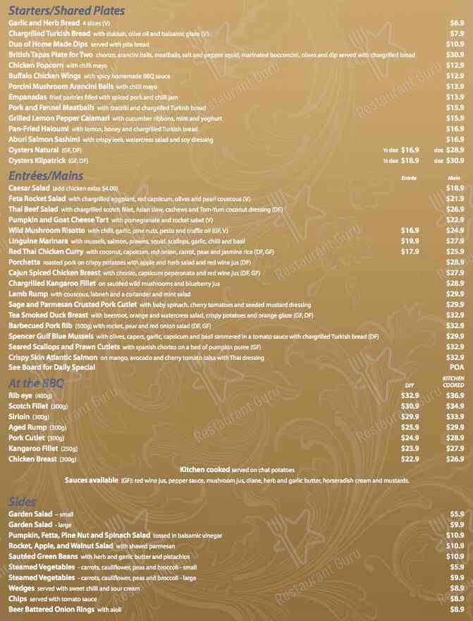 Menu at British Hotel pub & bar, North Adelaide
