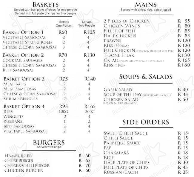 Menu at Buffalo bills restaurant, Johannesburg