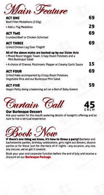 Menu at Burlesque pub & bar, Johannesburg