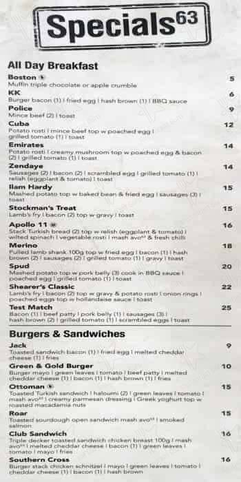 Menu at Cafe 63, East Brisbane, Stanley St E