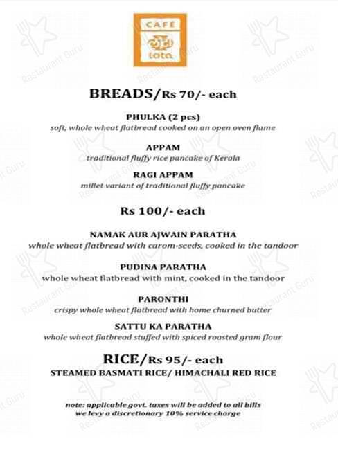 Menu at Cafe Lota, New Delhi