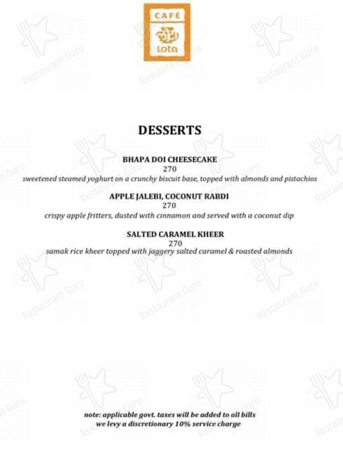Menu at Cafe Lota, New Delhi