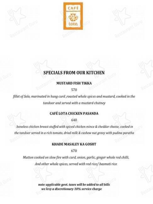 Menu at Cafe Lota, New Delhi