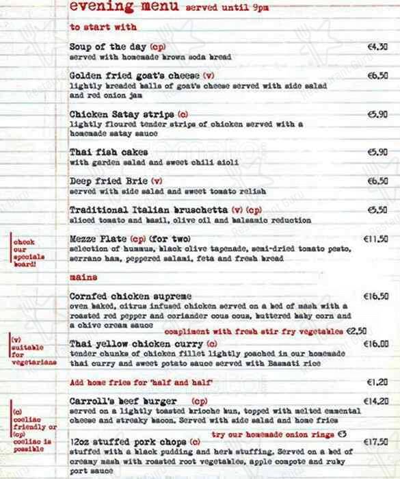 Menu at Carrolls Gastro Pub, Lucan