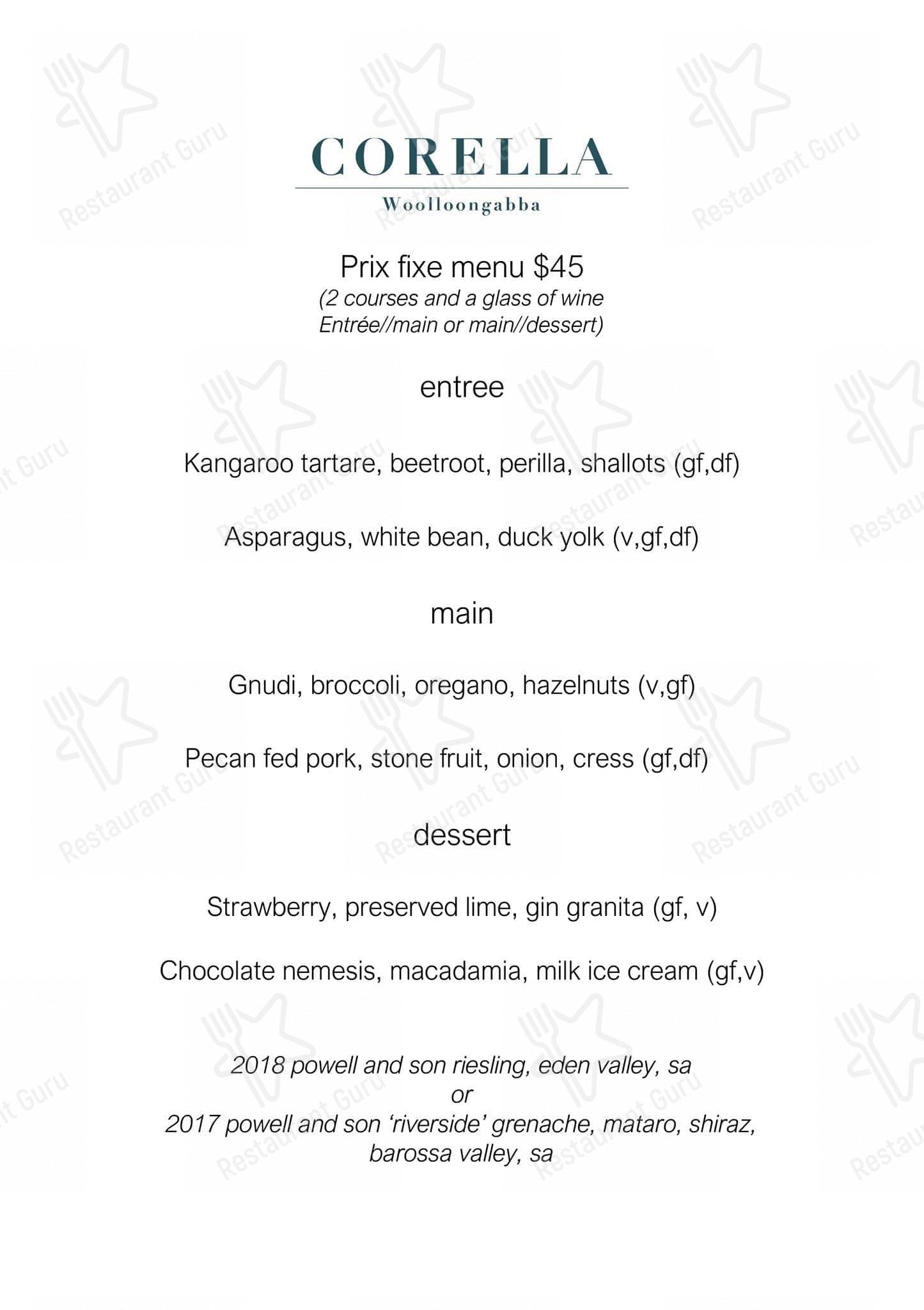 Menu at Corella restaurant, Woolloongabba