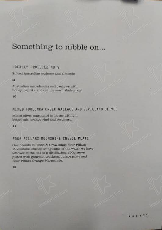 Menu at Four Pillars Gin Distillery pub & bar, Healesville