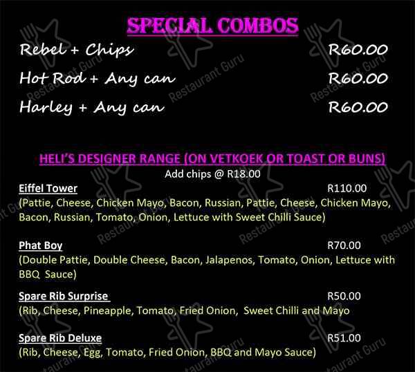 Menu at Heli's Vetkoek restaurant, Germiston