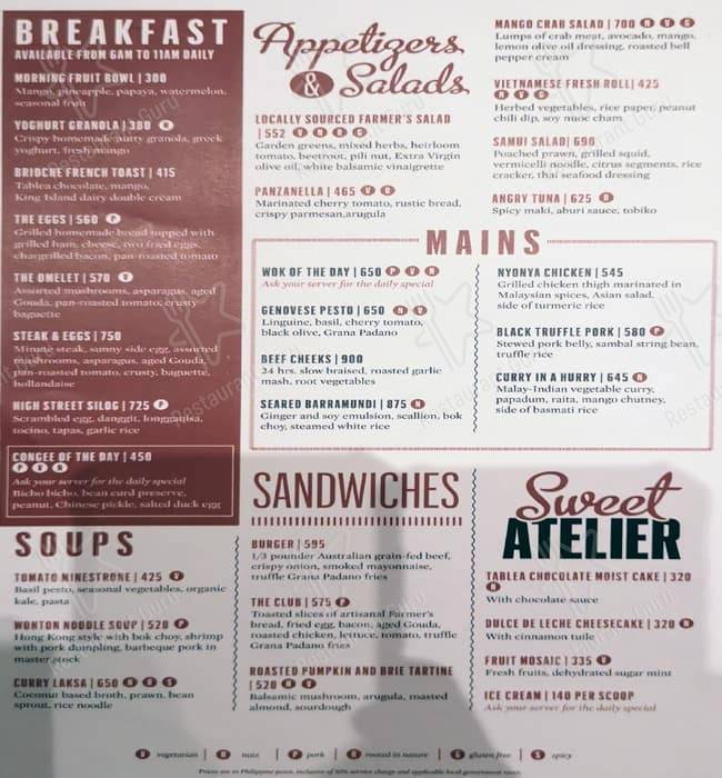 Menu at High Street Cafe, Taguig, 30th Street