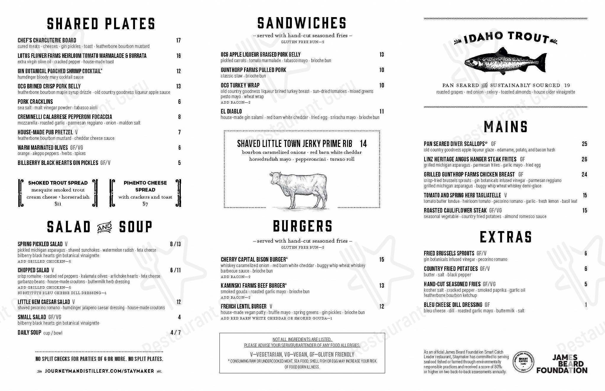 Menu at Journeyman Distillery restaurant, Three Oaks, 109 Generations Dr