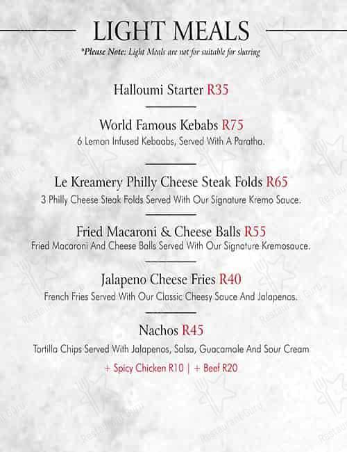 Menu at Le Kreamery restaurant, Benoni